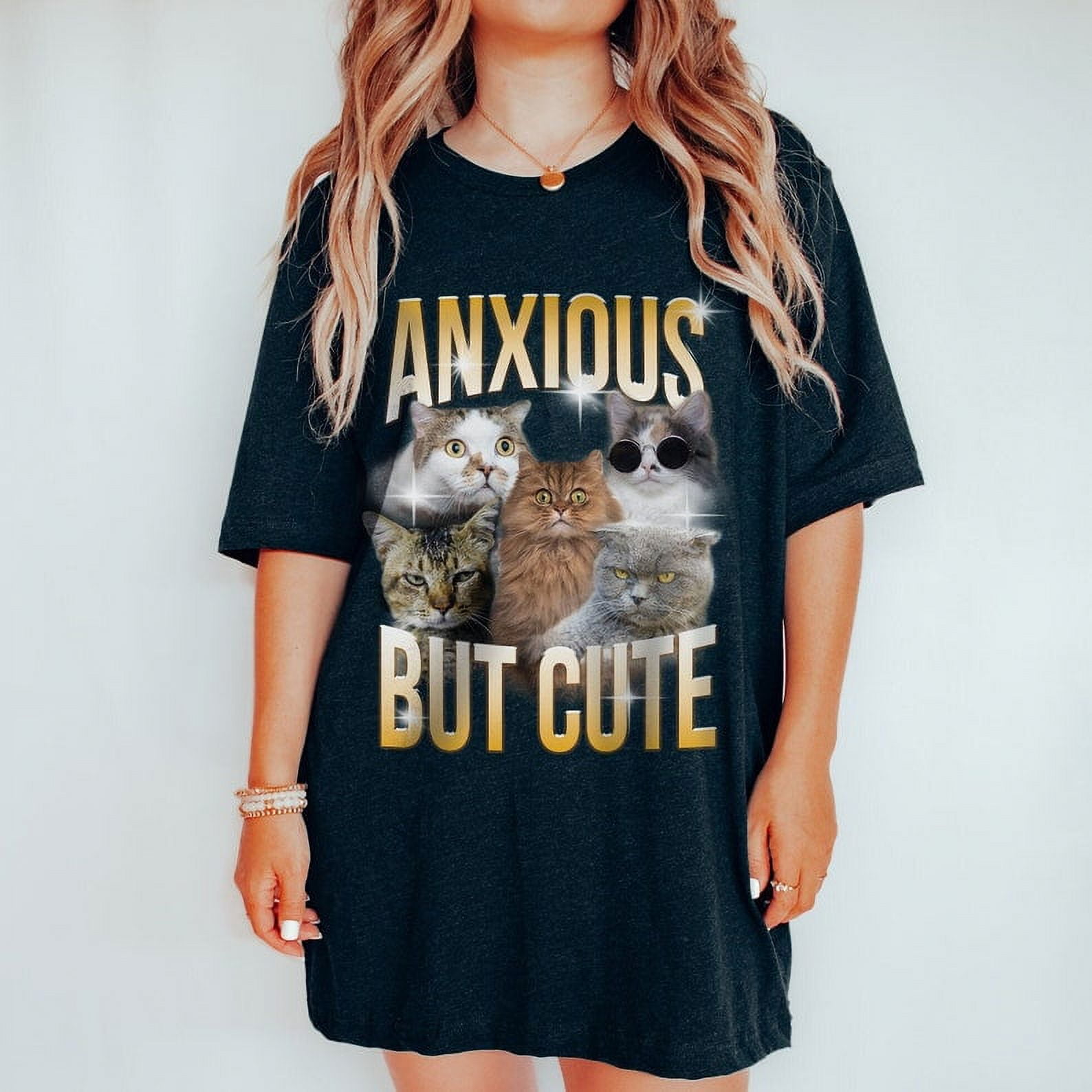 [BLACK] Anxious But Cute Mental Health Shirt Funny Cat Meme Tee ...