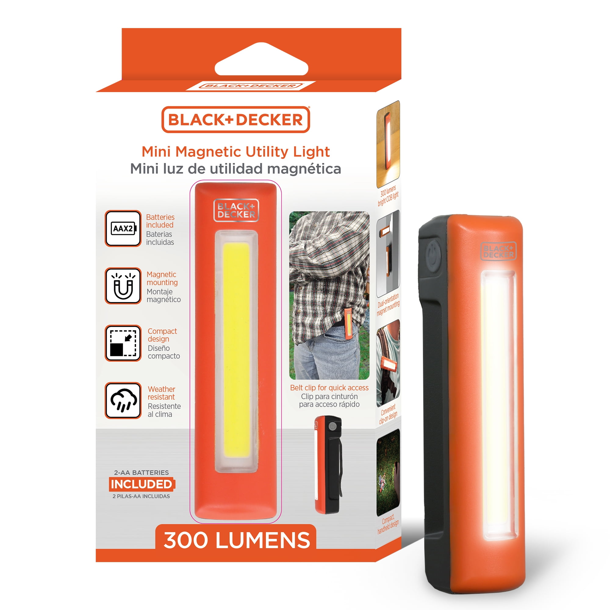 BLACK+DECKER 300 Lumens Battery-Powered Clip-on + Magnetic Mini COB ...