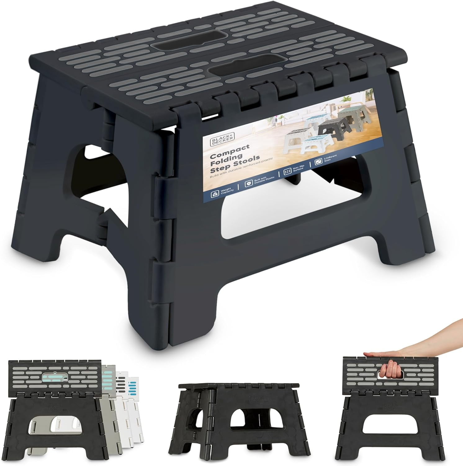 BLACK+DECKER 9” Folding Step Stool with Carry Handle Non-Slip ...
