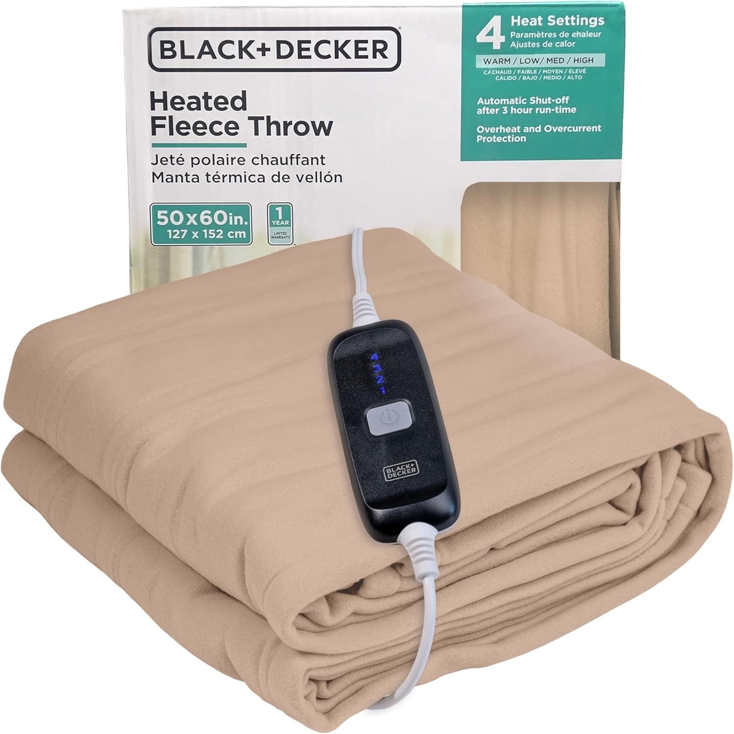 BLACK+DECKER Heated Blanket Electric Throw, 4 Heating Levels, 3H Timer ...