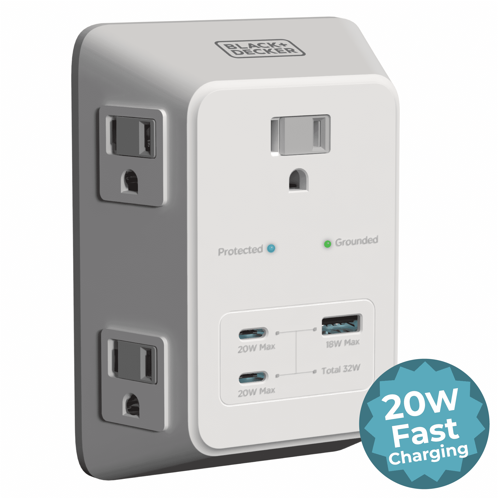 BLACK+DECKER PD USB Wall Charger Surge Protector 5 Outlet Extender with ...