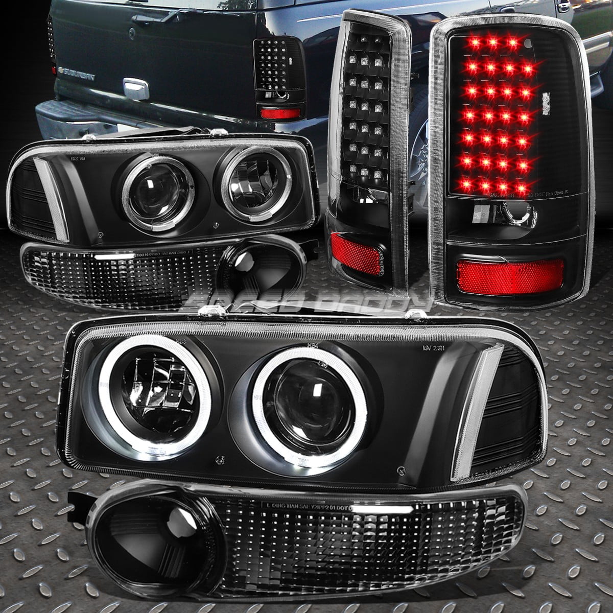 BLACK DUAL HALO PROJECTOR HEAD LIGHT+BUMPER+LED TAIL LAMP FOR 01-06 ...