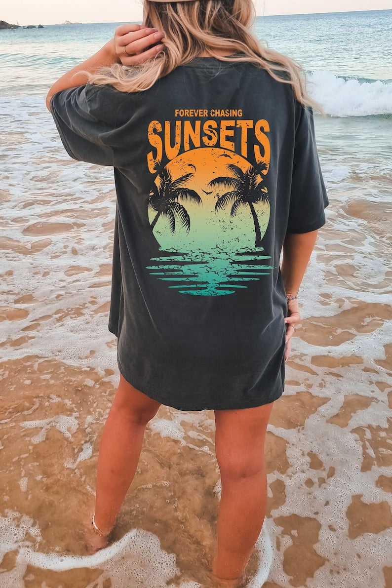 [BLACK] Forever Chasing Sunsets TShirt, Womens Graphic Tees, Retro Shirt, Festival Outfit, Boho ...