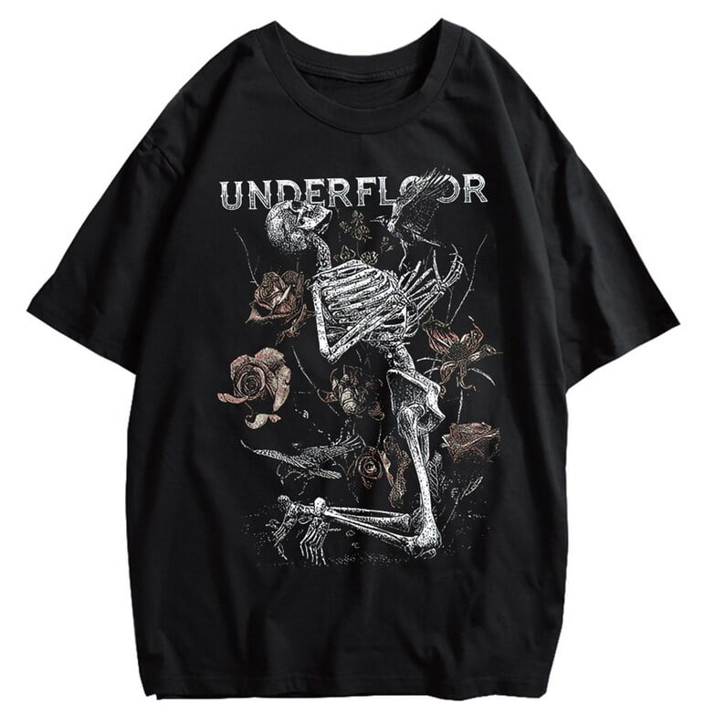 [BLACK] Grunge Goth Skull Skeleton Rose Print vintage 90s Shirt ...