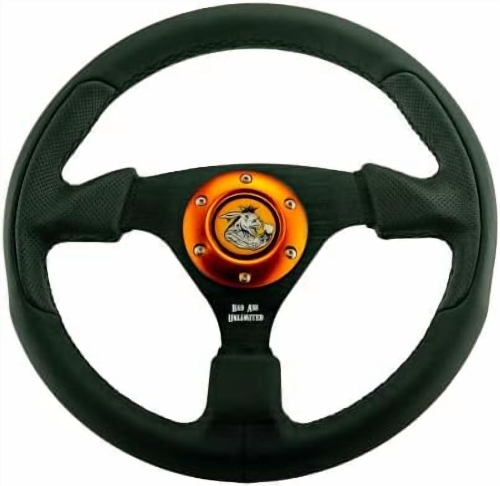 BLACK LEATHER STEERING WHEEL WITH ORANGE HORNO RING AND ORANGE STITCH ...