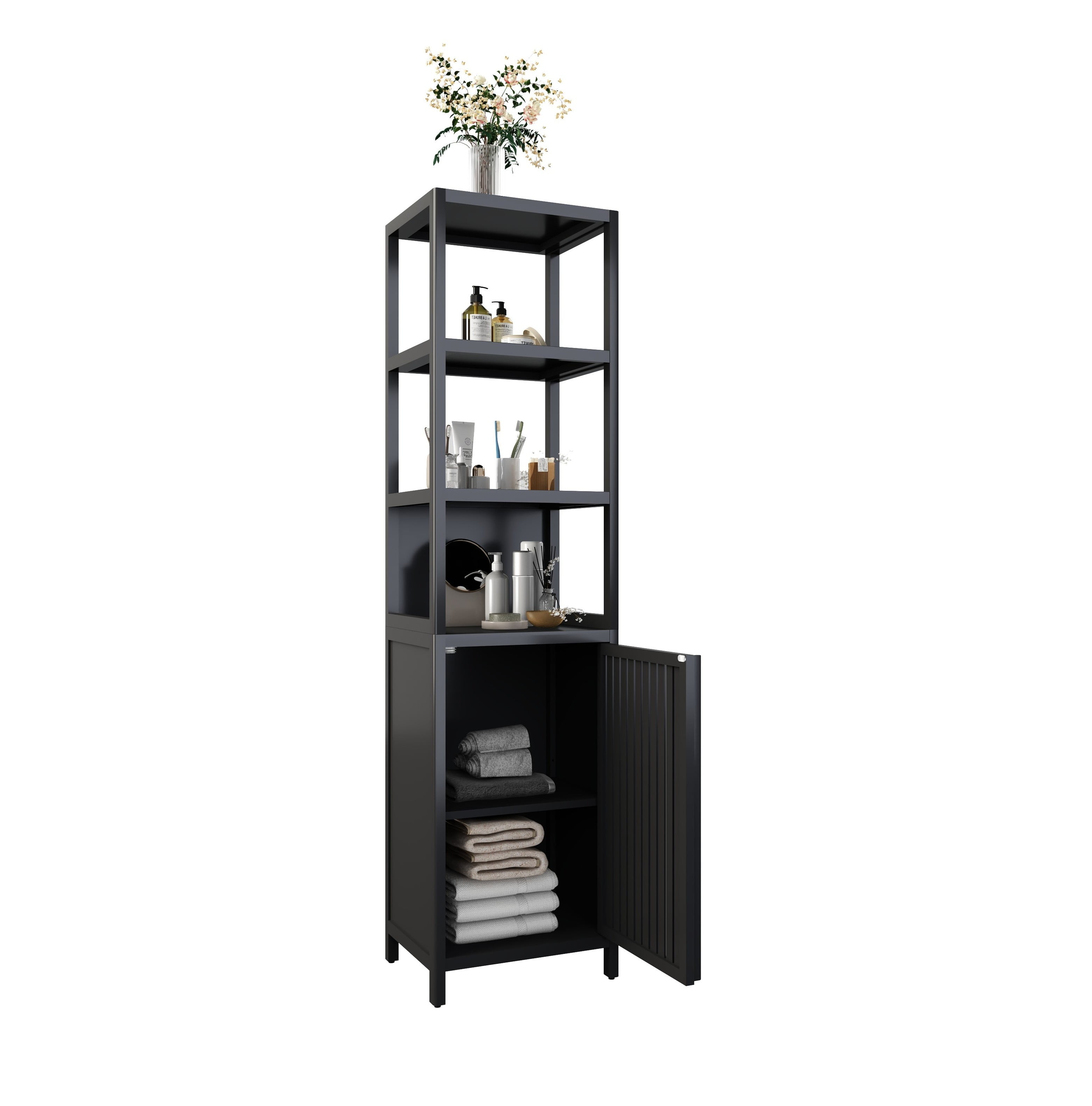 BLACK Storage Tall Slim Cabinet with Shutter Door and 3 Tier Shelves ...