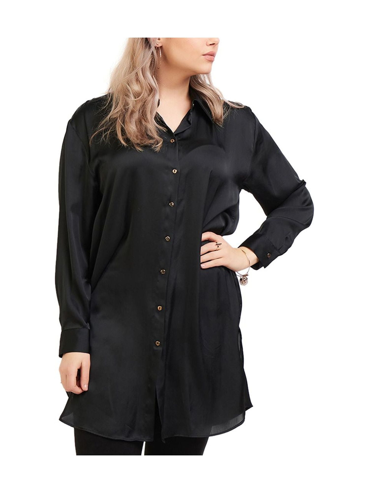 BLACK TAPE Womens Black Stretch Slitted Pleated Cuffed Sleeve Point ...