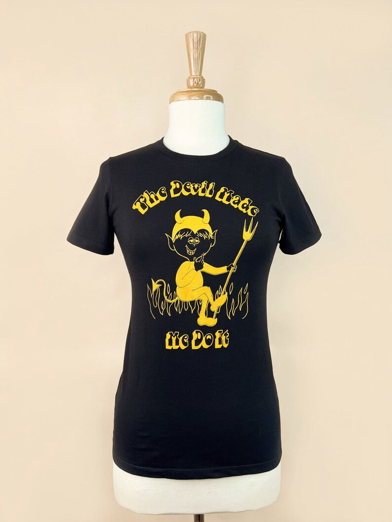 [BLACK] The Devil Made Me Do It Fitted Graphic T-shirt - Walmart.com