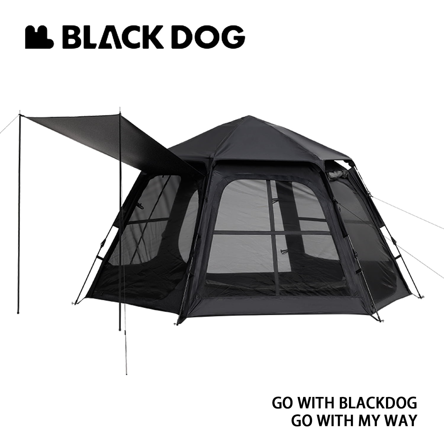BLACKDOG, Family Camping Tent, Hexagonal Auto Quick-open Black Vinyl ...