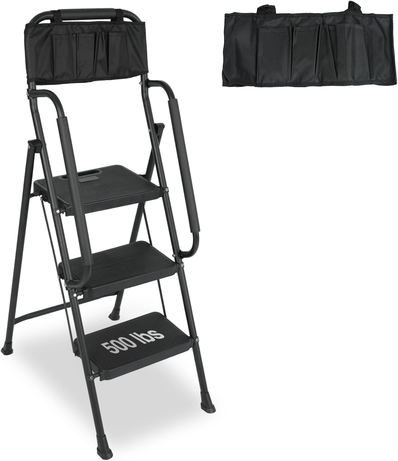 BLACKHORSE-RACING 3 Step Ladder with Handrails & Attachable Tool Bag ...