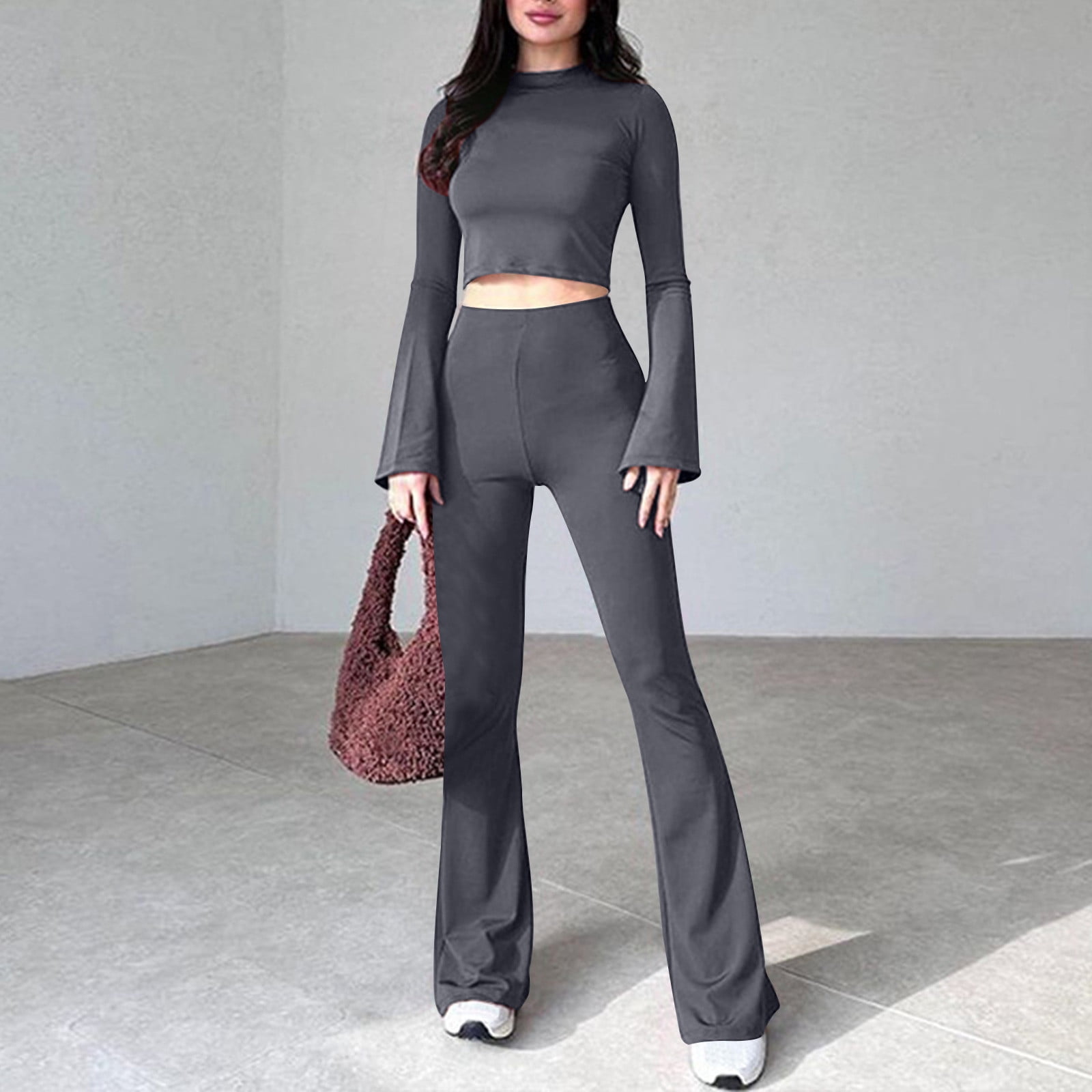 BLCHUNen 2 Piece Outfits for Women Cropped Flare Sleeve Crew Neck Tops ...