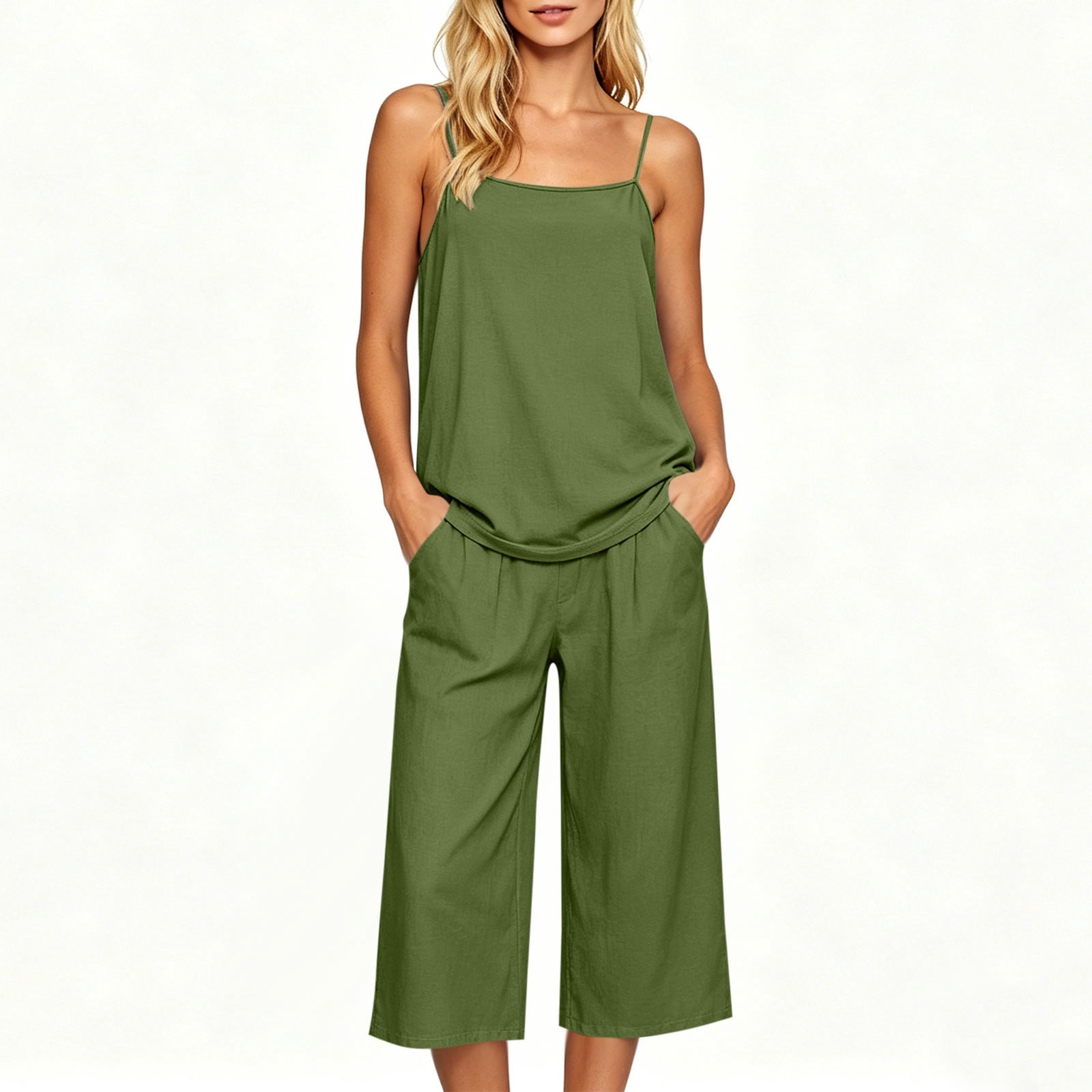 BLCHUNen 2 Piece Sets for Women Spaghetti Strap Camisole Tops Wide Leg ...