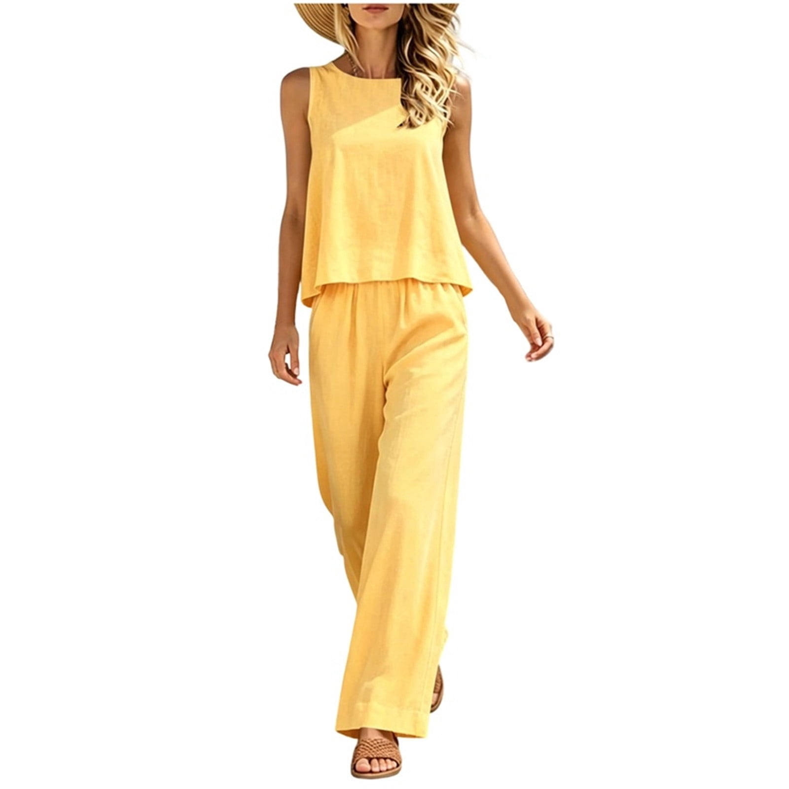 BLCHUNen 2 Piece Sets for Women Summer Wide Leg Pants Crew Neck Loose ...