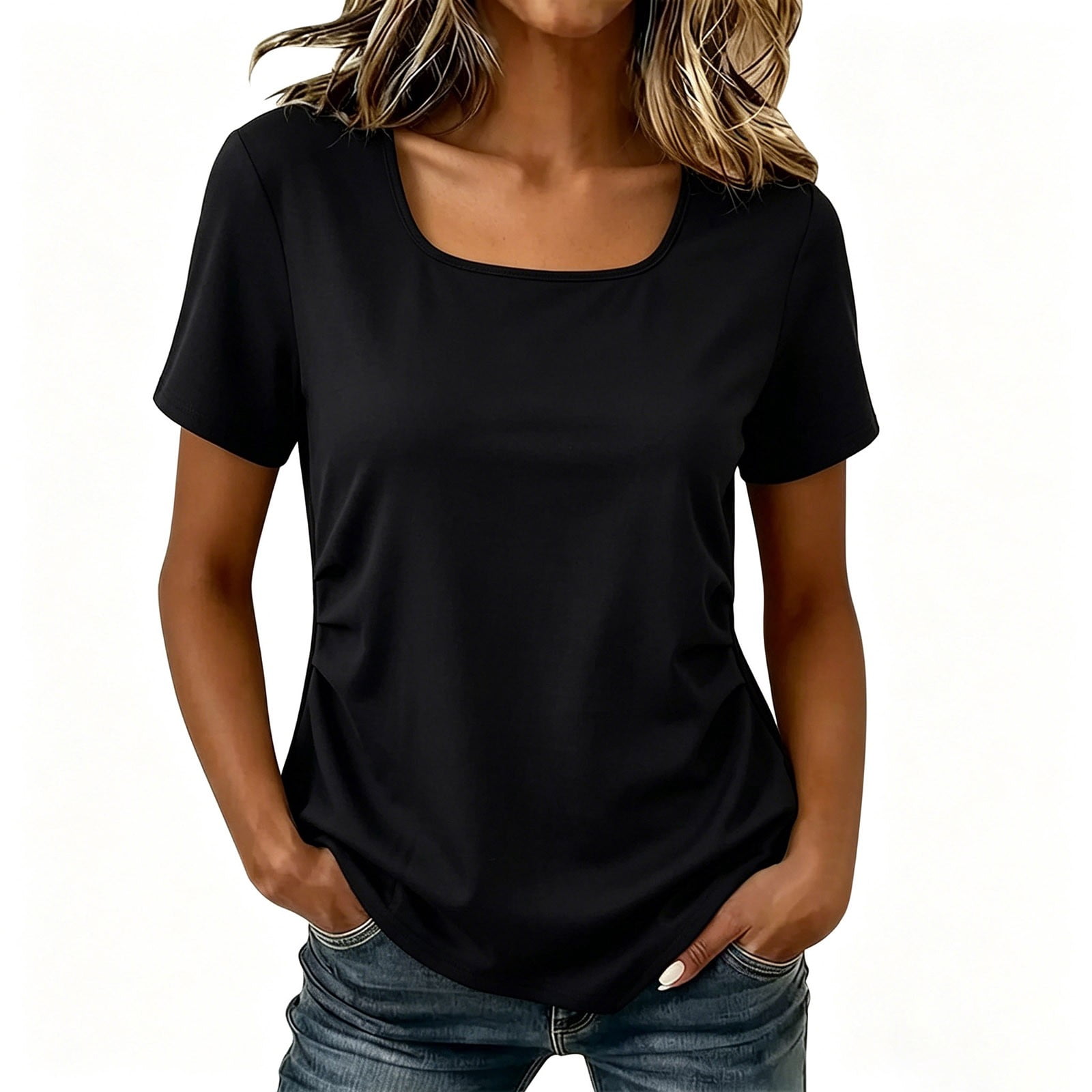 BLCHUNen Asymmetrical Tops for Women Square Neck Short Sleeve Stretchy ...