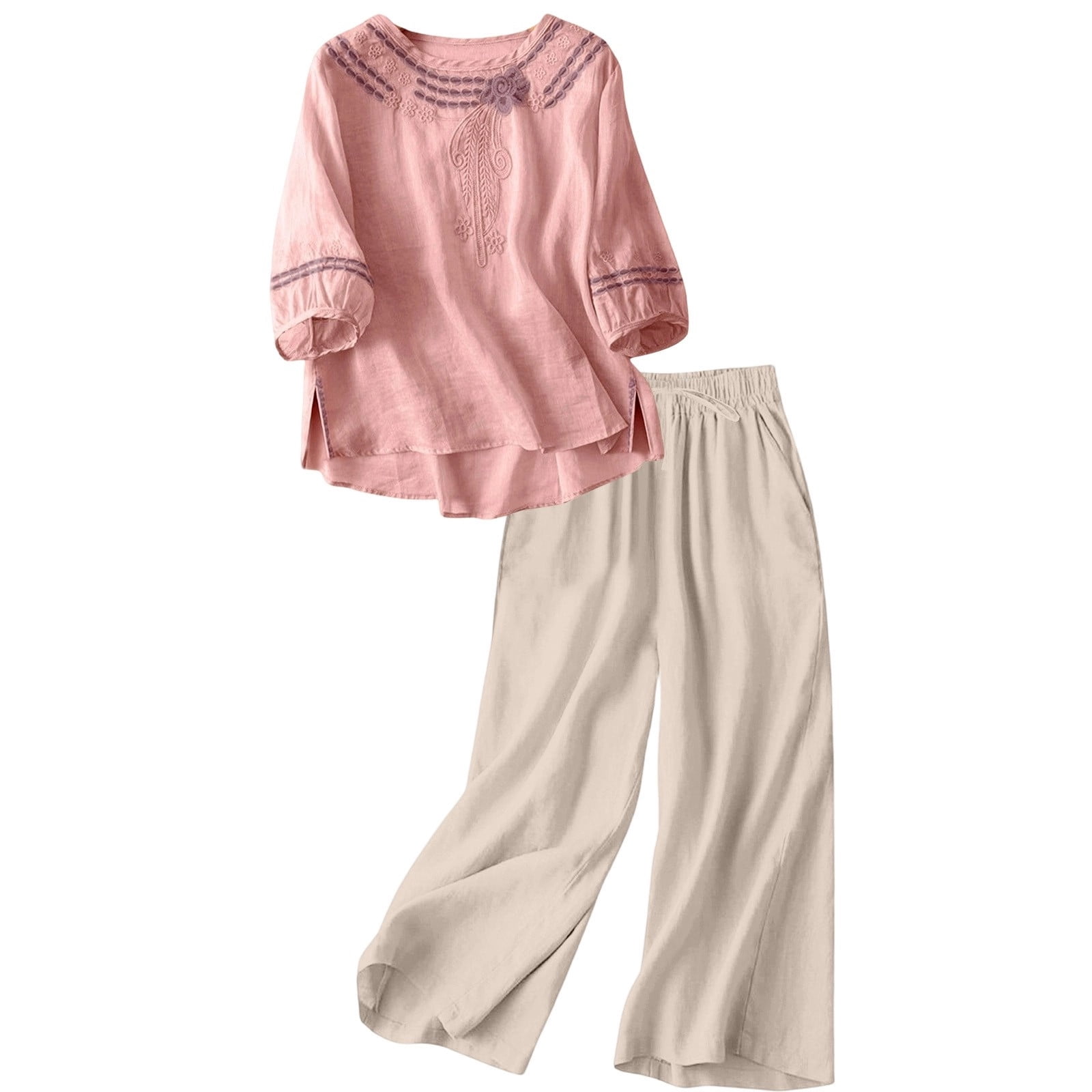 BLCHUNen Beach Outfits for Women Cotton Linen Crew Neck Side Split Half ...