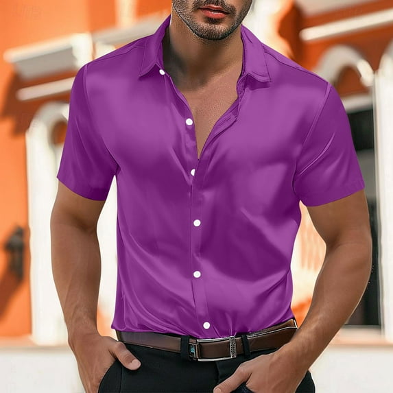 BLCHUNen Button down Shirts for Men Short Sleeve Satin Silk Breathable ...