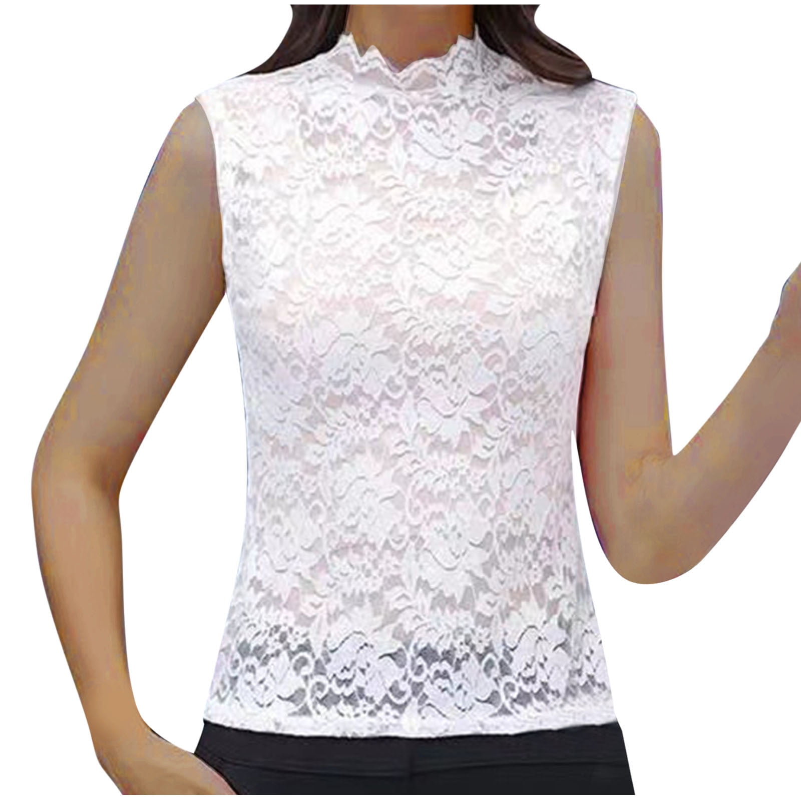 BLCHUNen Lace Tops for Women High Neck Sleeveless Mesh Fitting Blouse ...