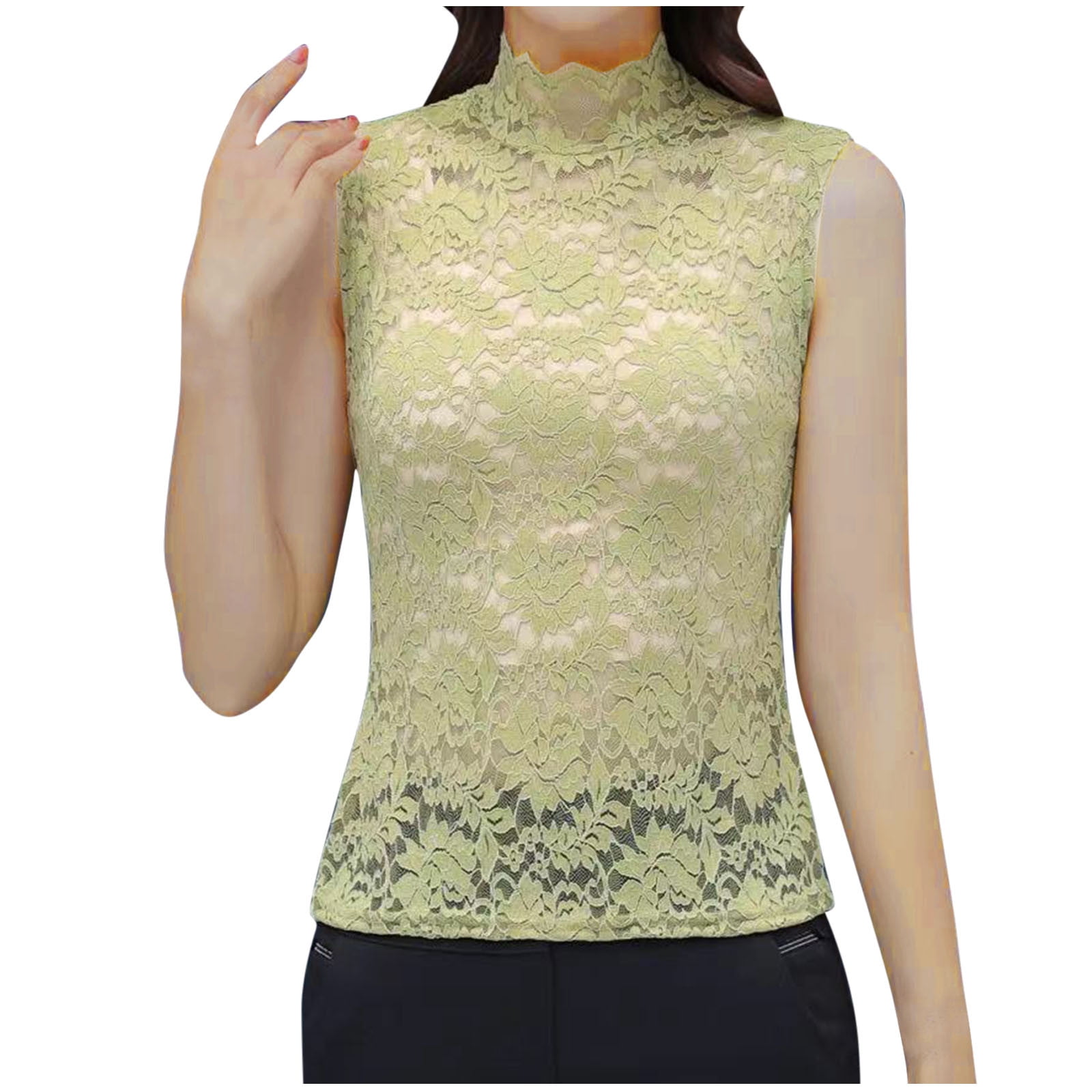 BLCHUNen Lace Tops for Women High Neck Sleeveless Mesh Fitting Blouse ...