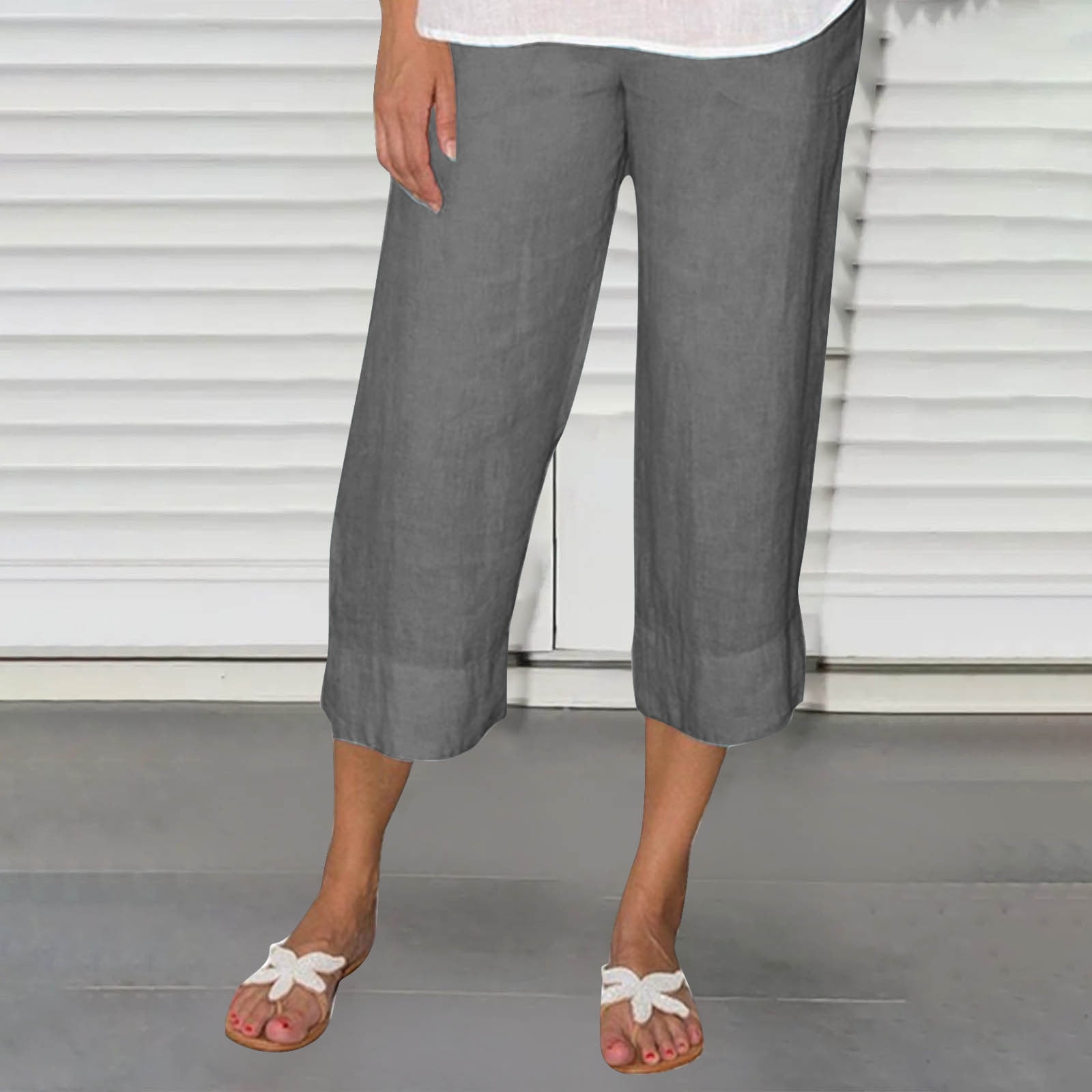 BLCHUNen Linen Pants for Women Casual Lightweight Elastic Waist Capri ...