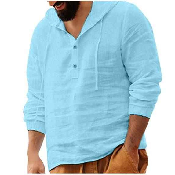 BLCHUNen Linen Shirts for Men Long Sleeve Hooded Drawstring Pullover ...