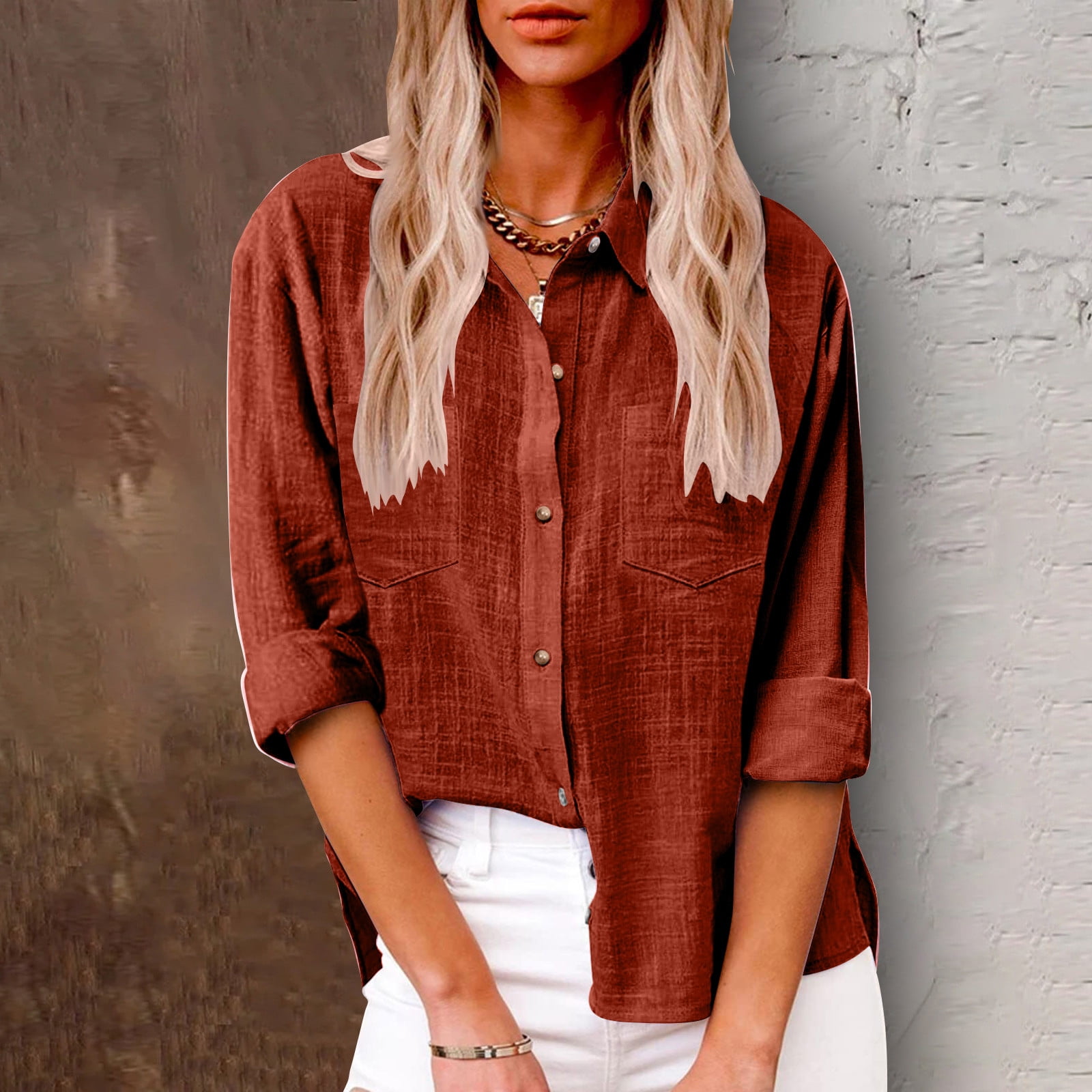 BLCHUNen Linen Shirts for Women Casual Plus Size Button down Leisure ...