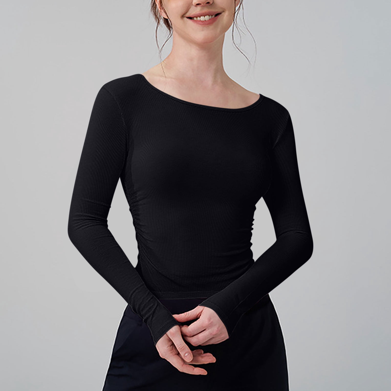 BLCHUNen Long Sleeve Shirts for Women Slim Fitted Stretch Crew Neck ...