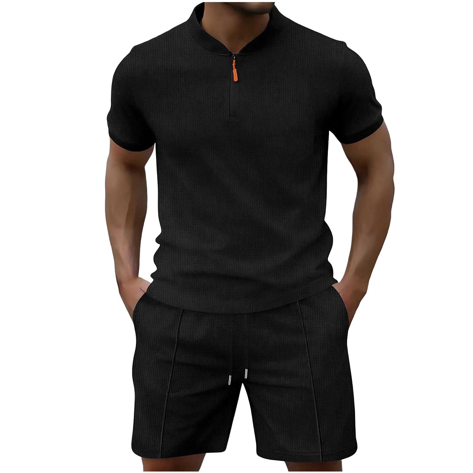 BLCHUNen Men 2 Piece Outfits Sets Zip Mock Neck Short Sleeve Casual ...