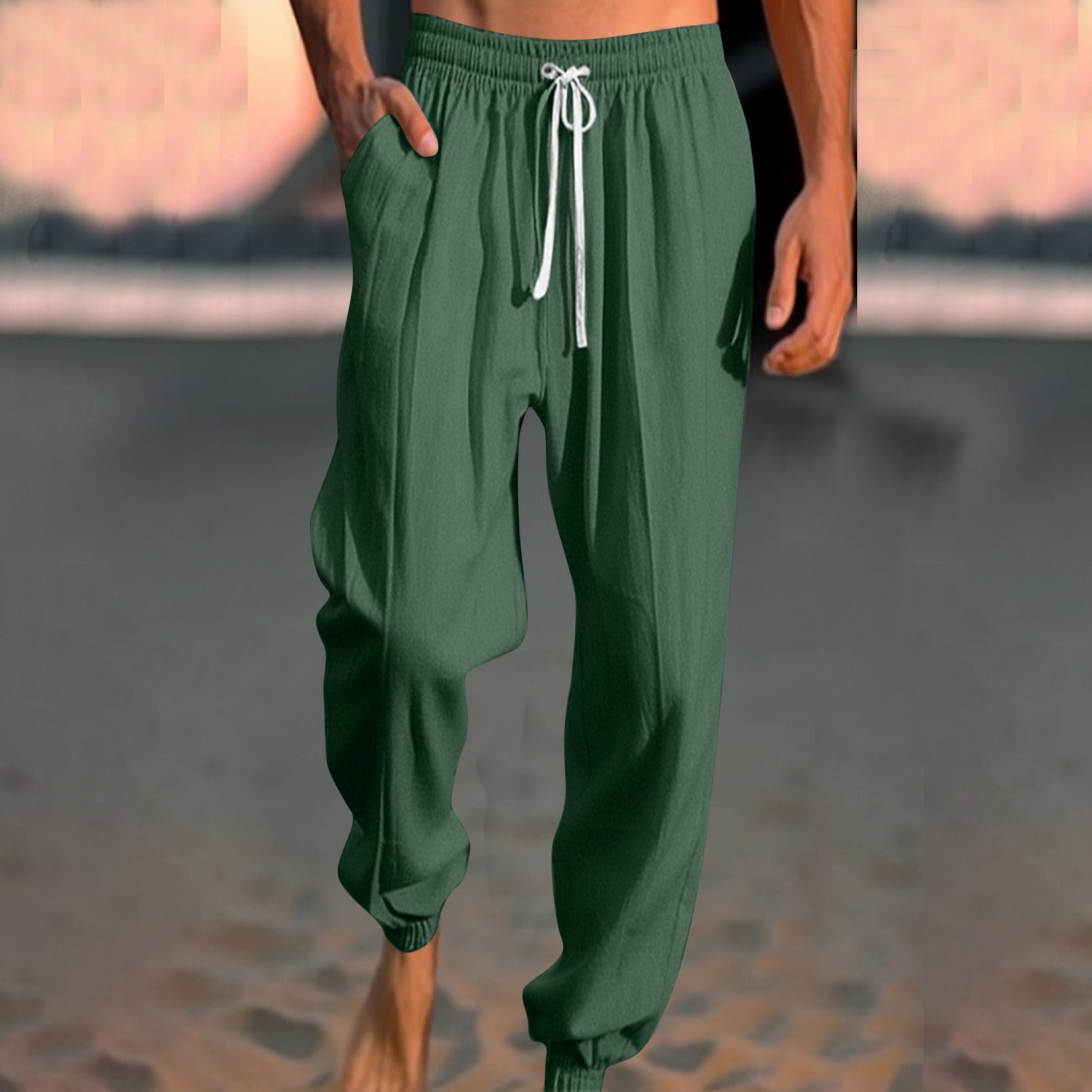 BLCHUNen Mens Linen Pants Drawstring Elastic Waist Daily Casual Pants ...