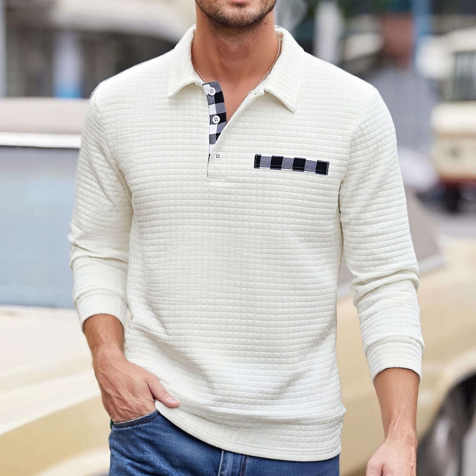 BLCHUNen Mens Long Sleeve Tops Casual Turndown Collar Button Pullover ...