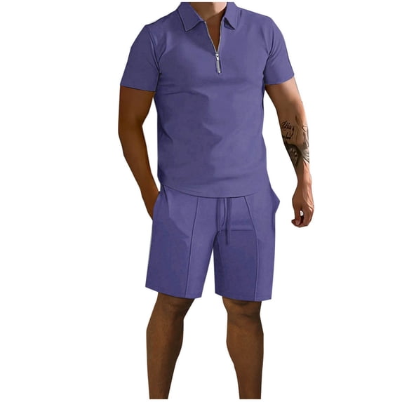 BLCHUNen Mens Short Sets 2 Piece Sets Collared Quarter Zip V Neck Tops ...