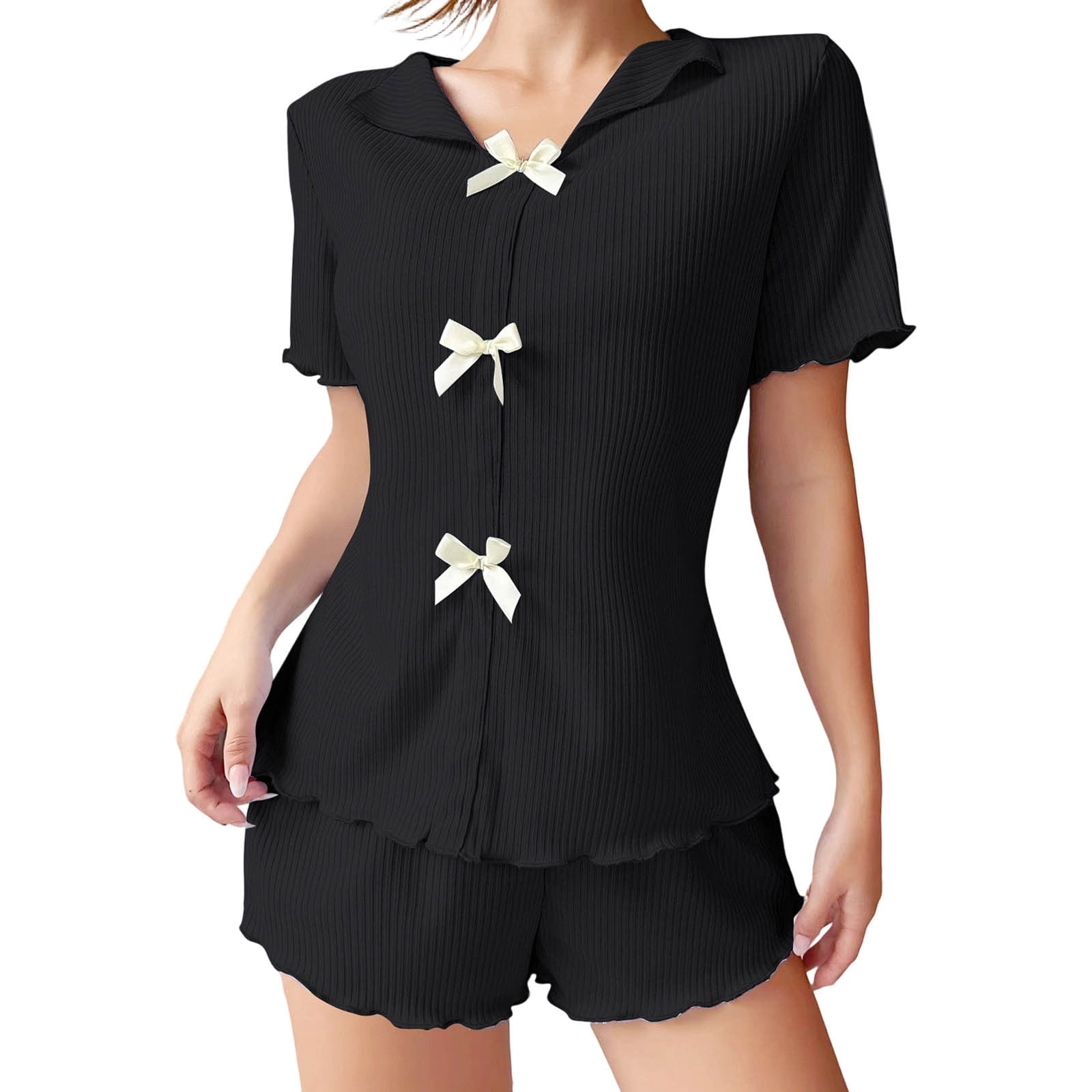 BLCHUNen Pajamas for Women Set Cute Ruffle Loungewear V Neck Short ...
