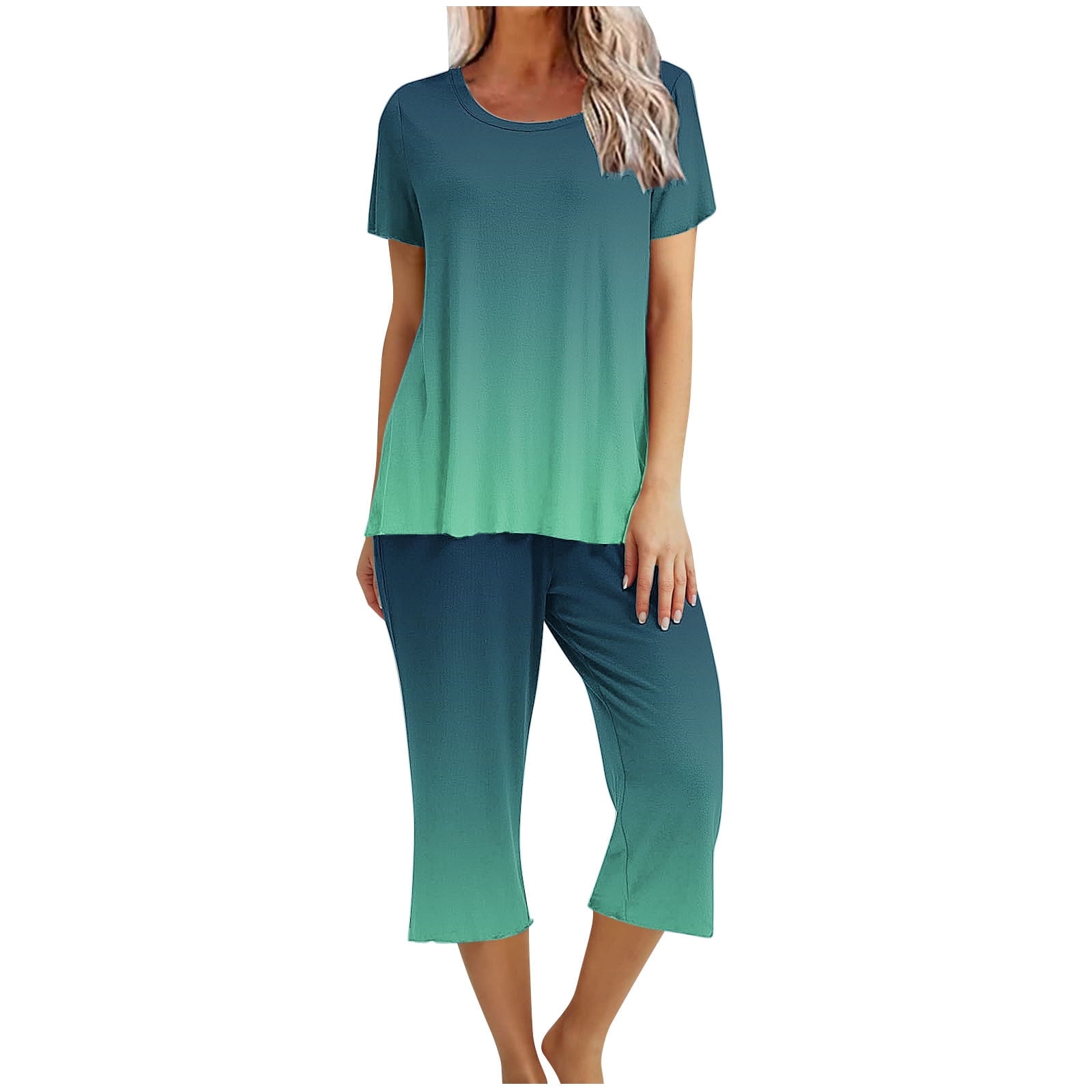 BLCHUNen Pajamas for Women Set Wide Leg Capri Pants Short Sleeve Tops ...