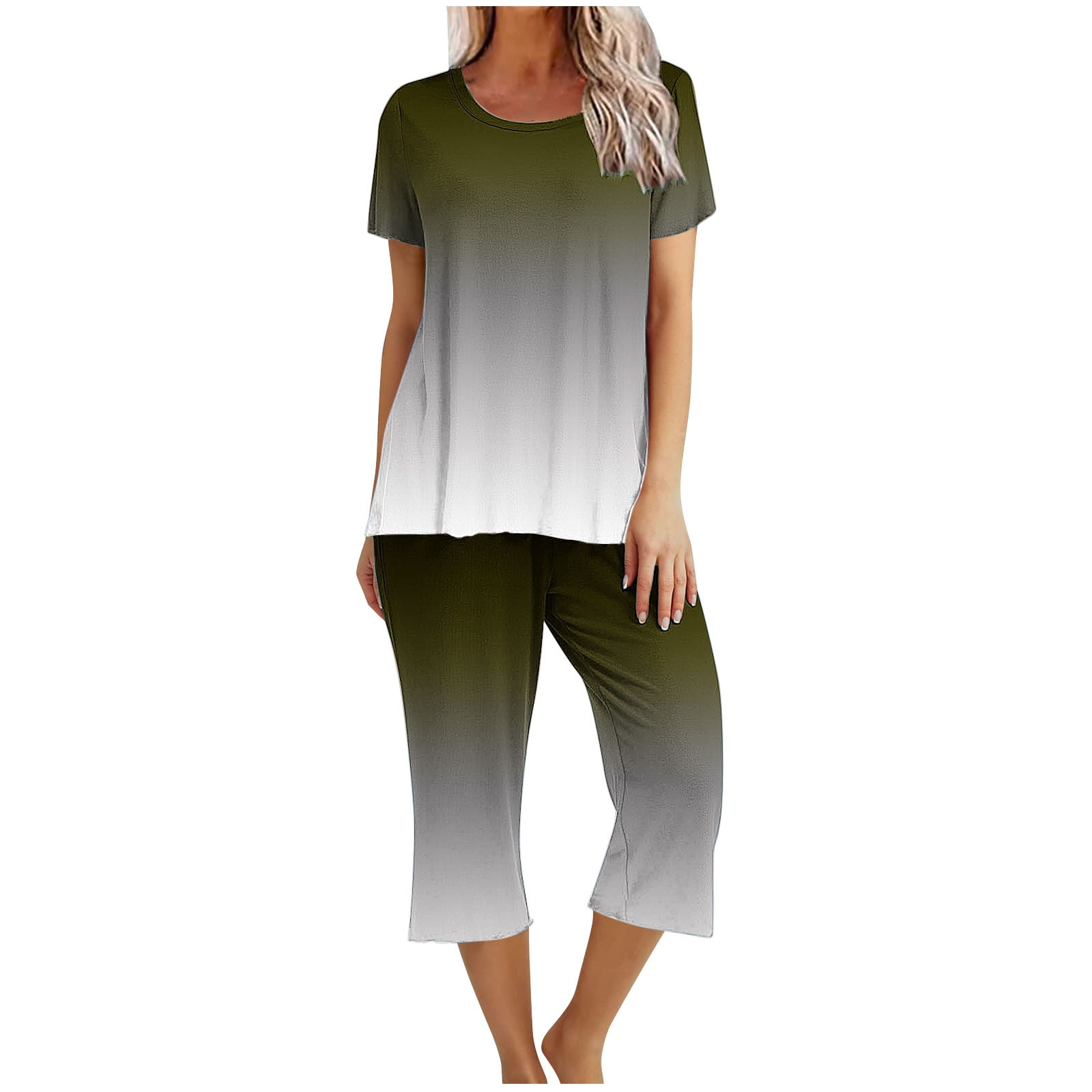 BLCHUNen Pajamas for Women Set Wide Leg Capri Pants Short Sleeve Tops ...