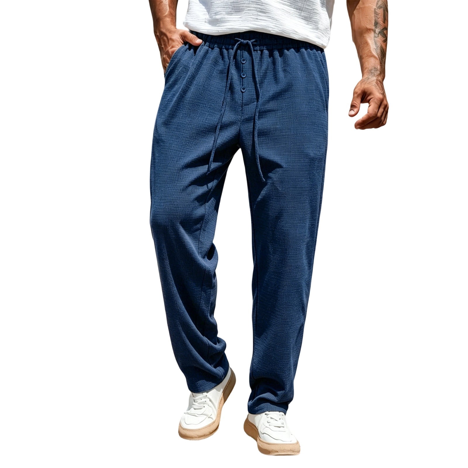 BLCHUNen Pants for Men Summer Drawstring Casual Button Elastic Waist ...