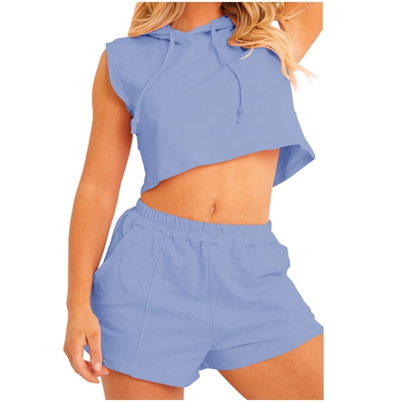 BLCHUNen Short Sets for Women Gym Sets Sleeveless Crop Hoodie Elastic ...