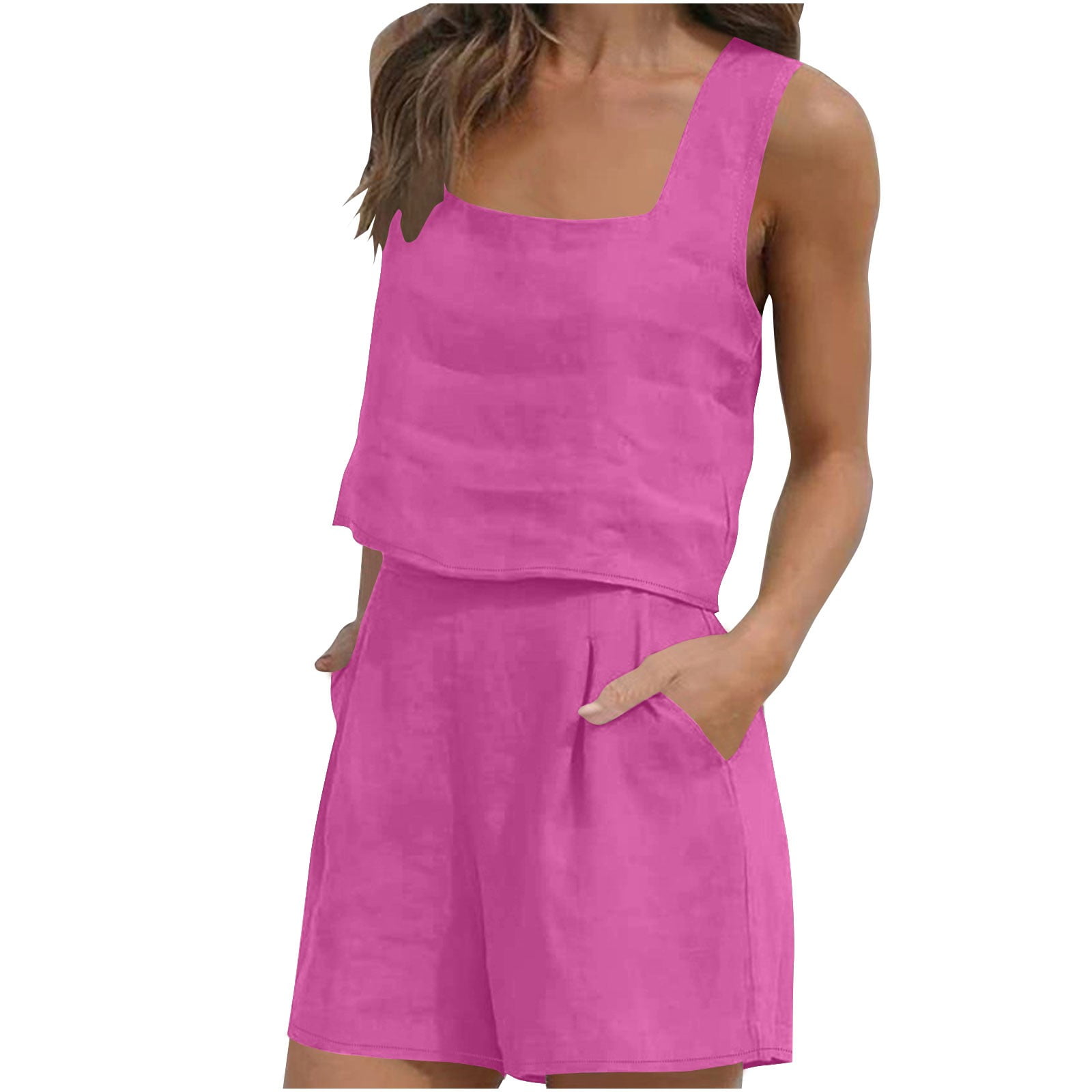 BLCHUNen Short Sets for Women Sleeveless Casual Square Neck Tanks Wide ...
