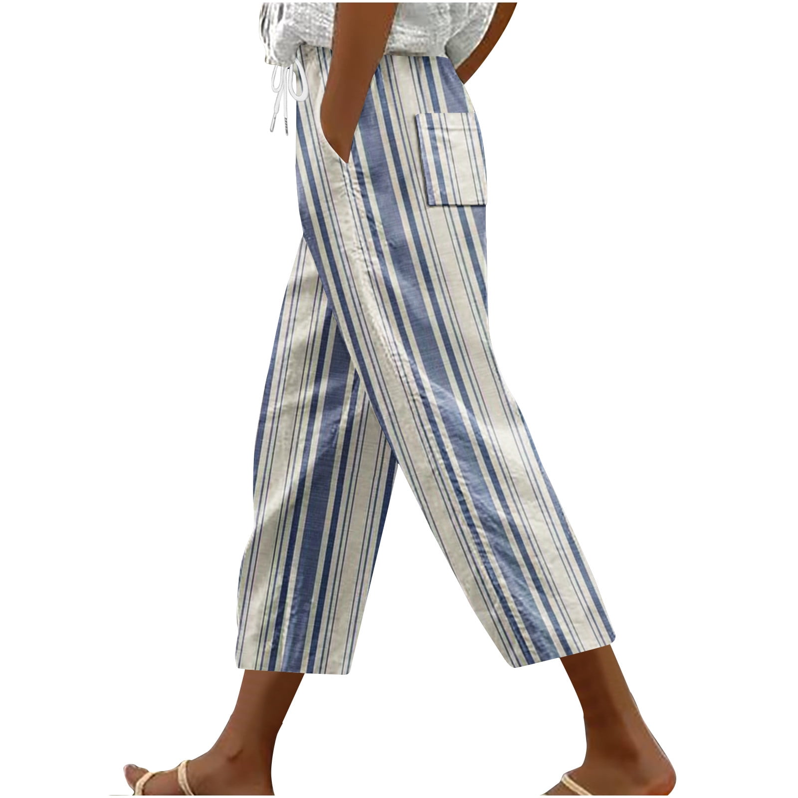 BLCHUNen Striped Capri Pants for Women Casual High Elastic Waisted ...