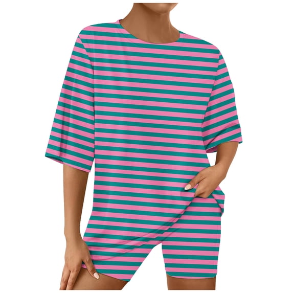 BLCHUNen Striped Pajamas for Women Set Casual Half Sleeve Crew Neck ...