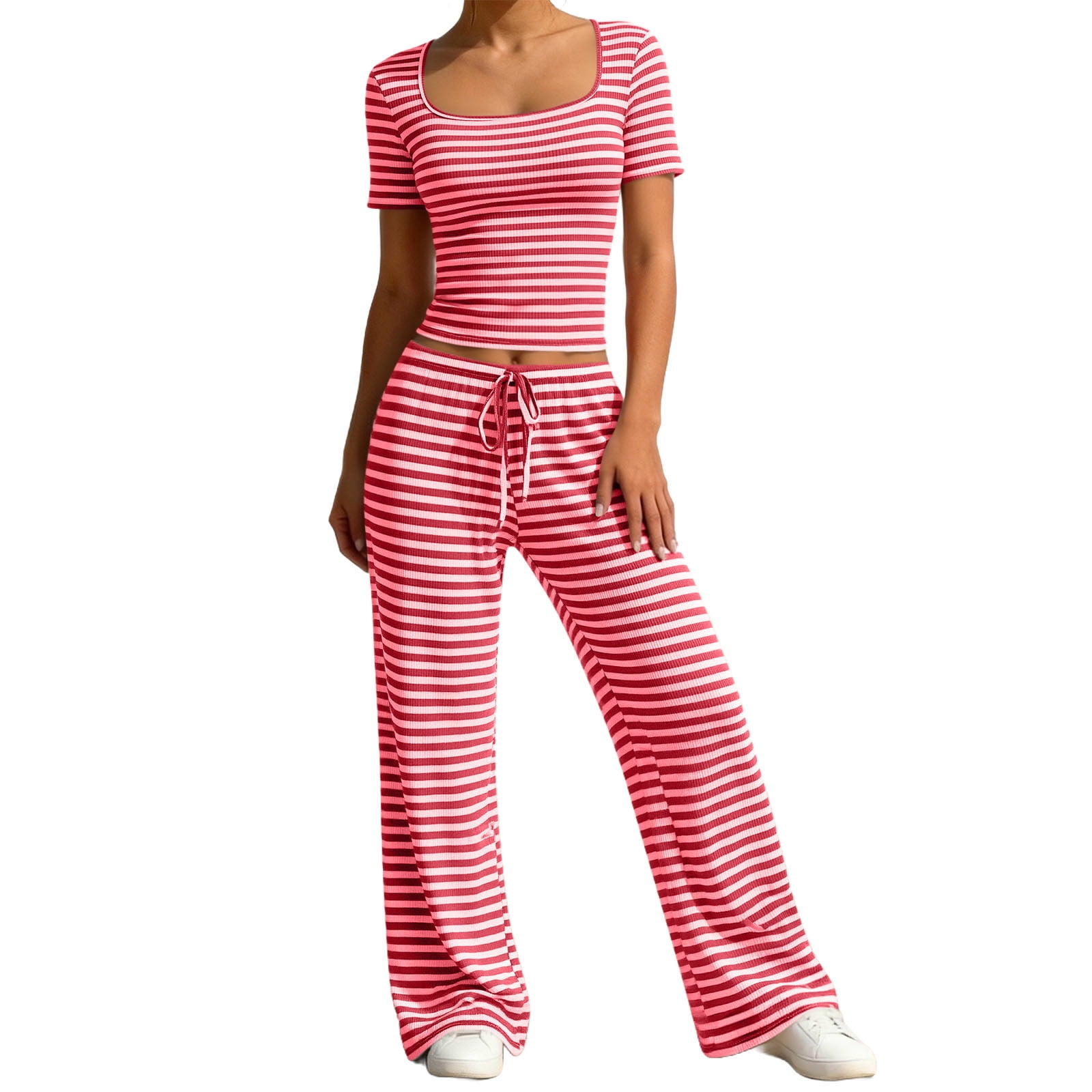 BLCHUNen Summer Outfits for Women Square Neck Pajamas Shorts Sleeve ...
