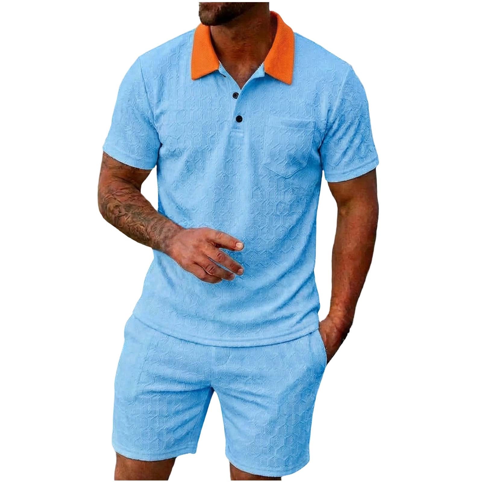 BLCHUNen Summer Sets for Men Casual Outfits Contrast Collared Button T ...