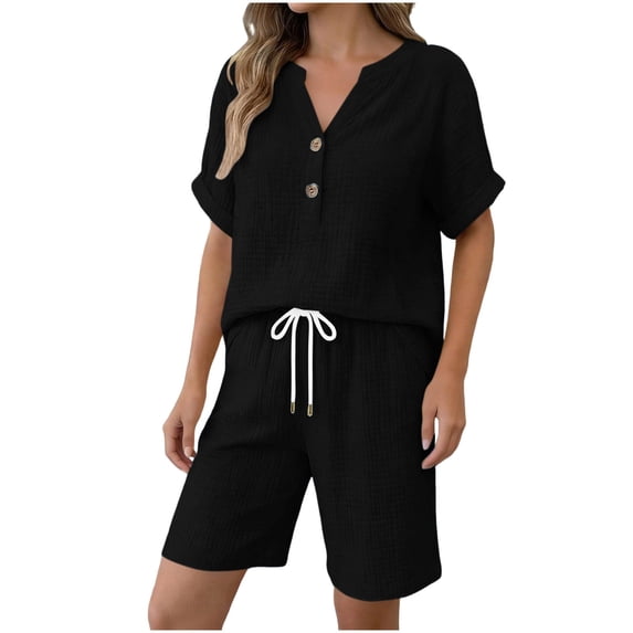 BLCHUNen Summer Sets for Women 2 Piece Notched V Neck Rolled Short ...