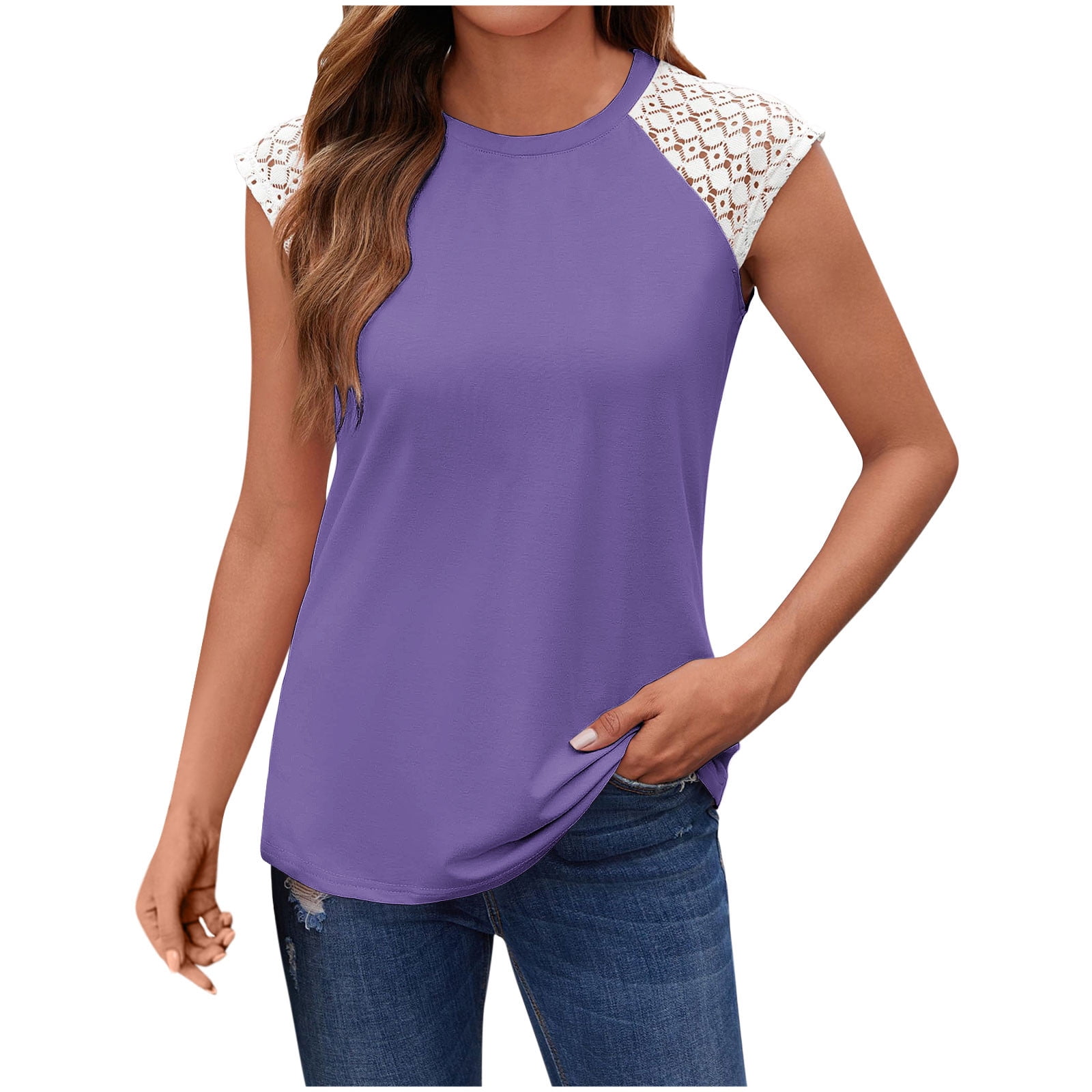 BLCHUNen Tank Tops for Women Crew Neck Lace Patchwork Shoulder ...
