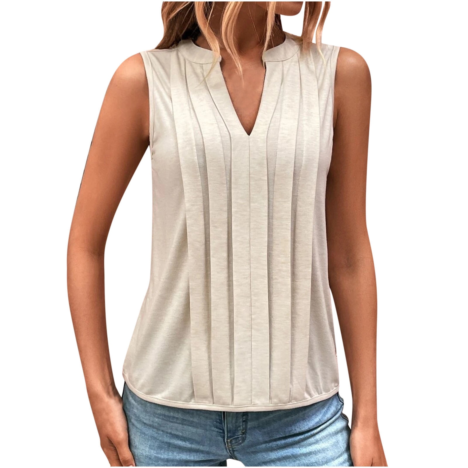 BLCHUNen Tank Tops for Women Pleated Notched V Neck Summer Casual Loose ...