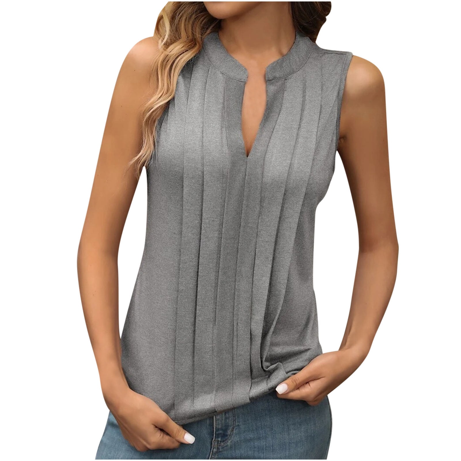BLCHUNen Tank Tops for Women Pleated Notched V Neck Summer Casual Loose ...