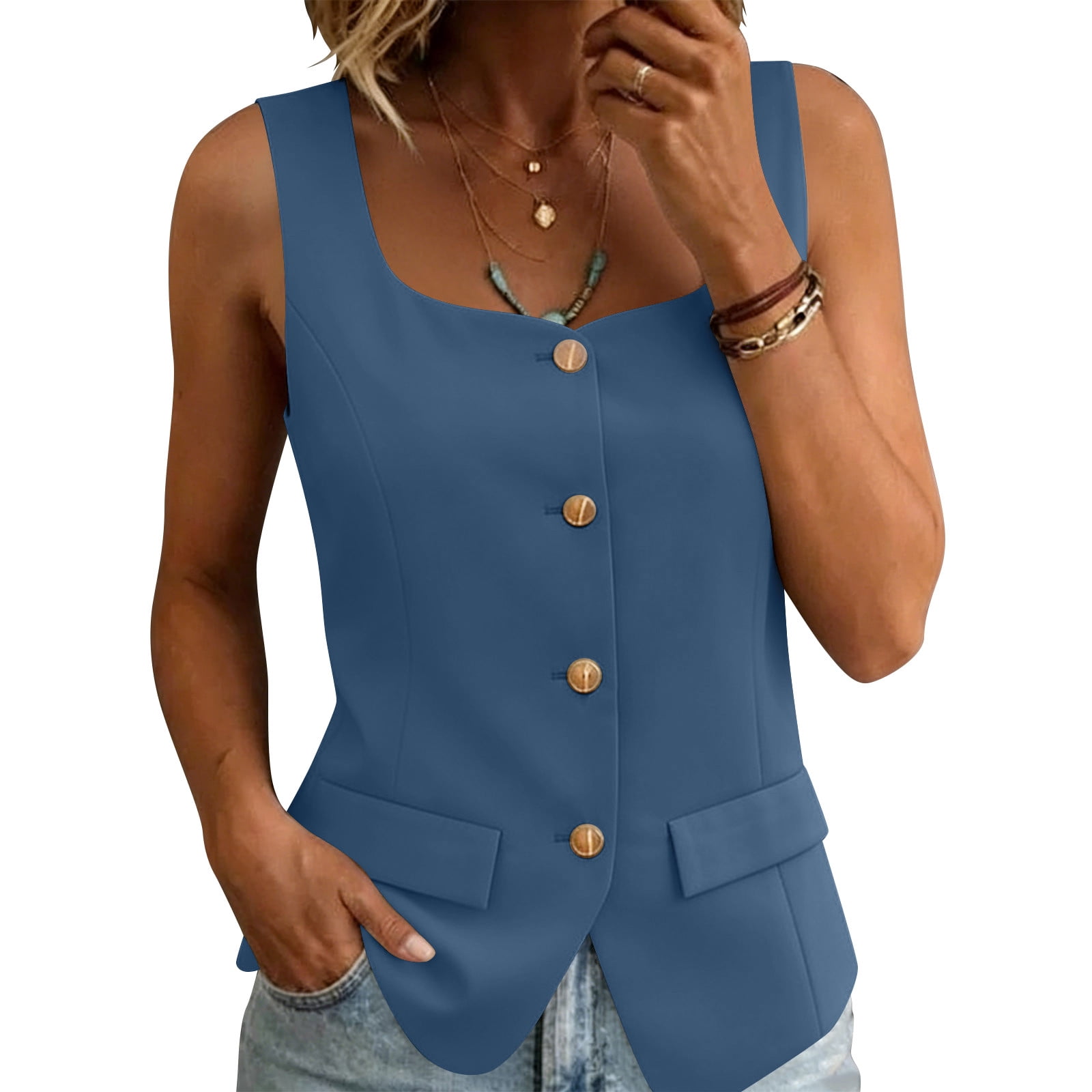 BLCHUNen Tank Tops for Women Square Neck Vests Button down Dressy ...