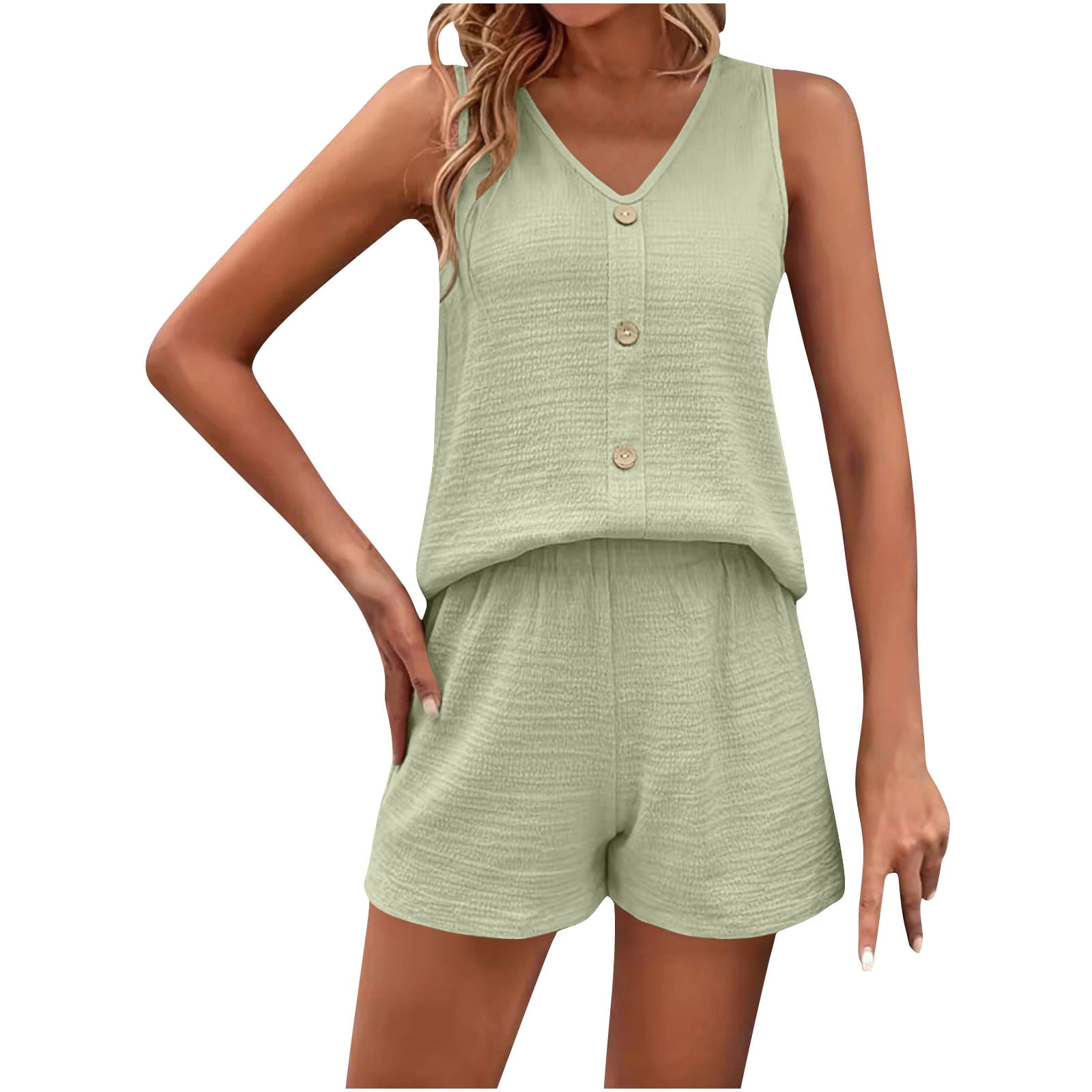 BLCHUNen Travel Outfits for Women V Neck Sleeveless Button Tank Tops ...