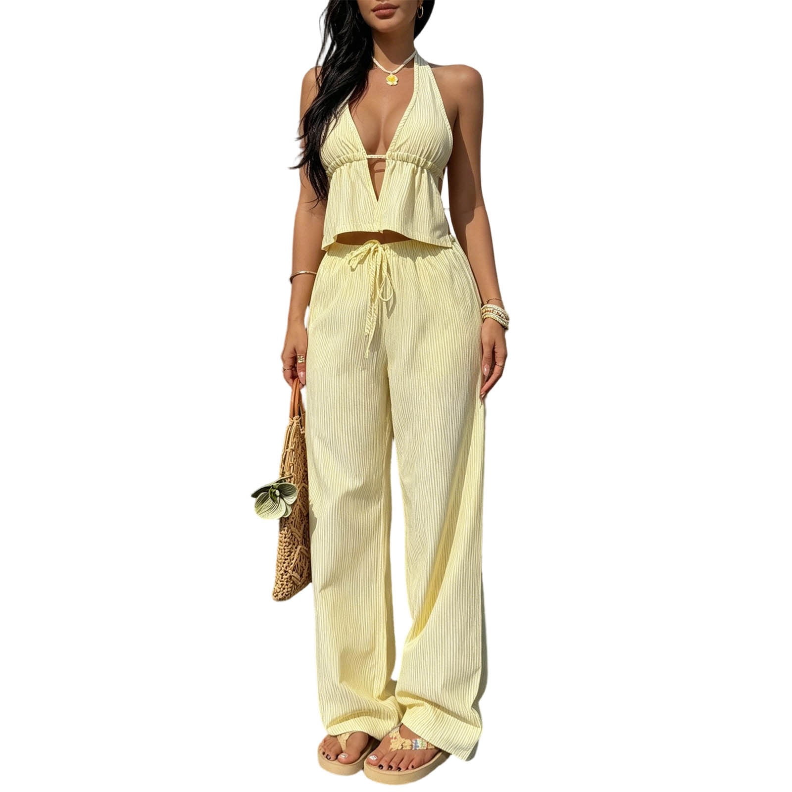 BLCHUNen Vacation Outfits for Women Halter Deep V Neck Summer Going out ...