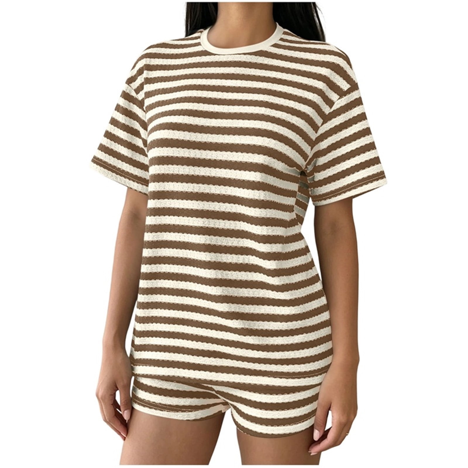 BLCHUNen Vacation Outfits for Women Striped Crew Neck Loose Short Sets ...