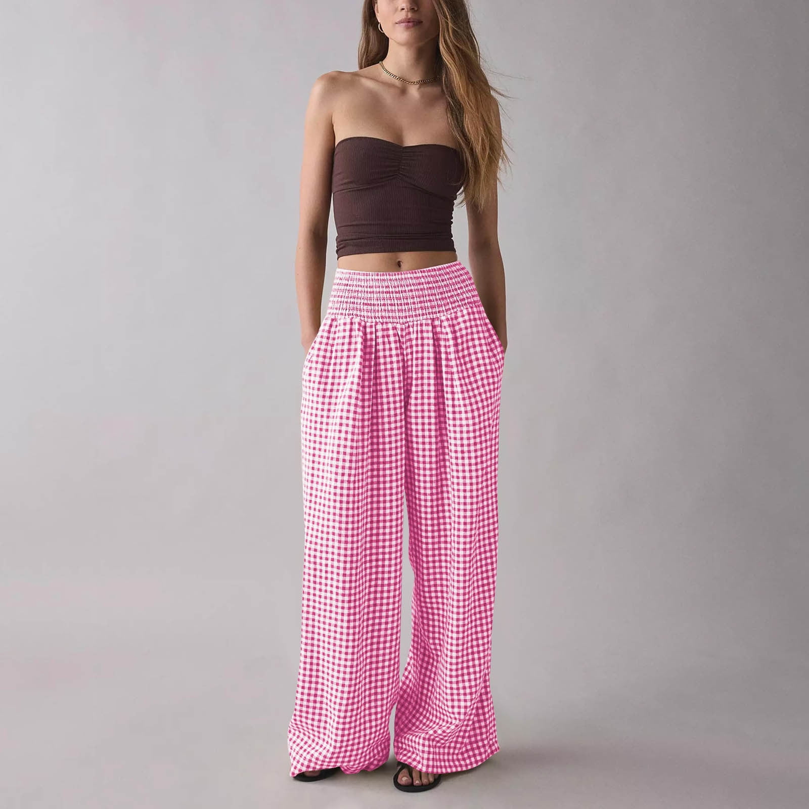 BLCHUNen Wide Leg Pants for Women Plaid Elastic Waist Loose Lightweight ...