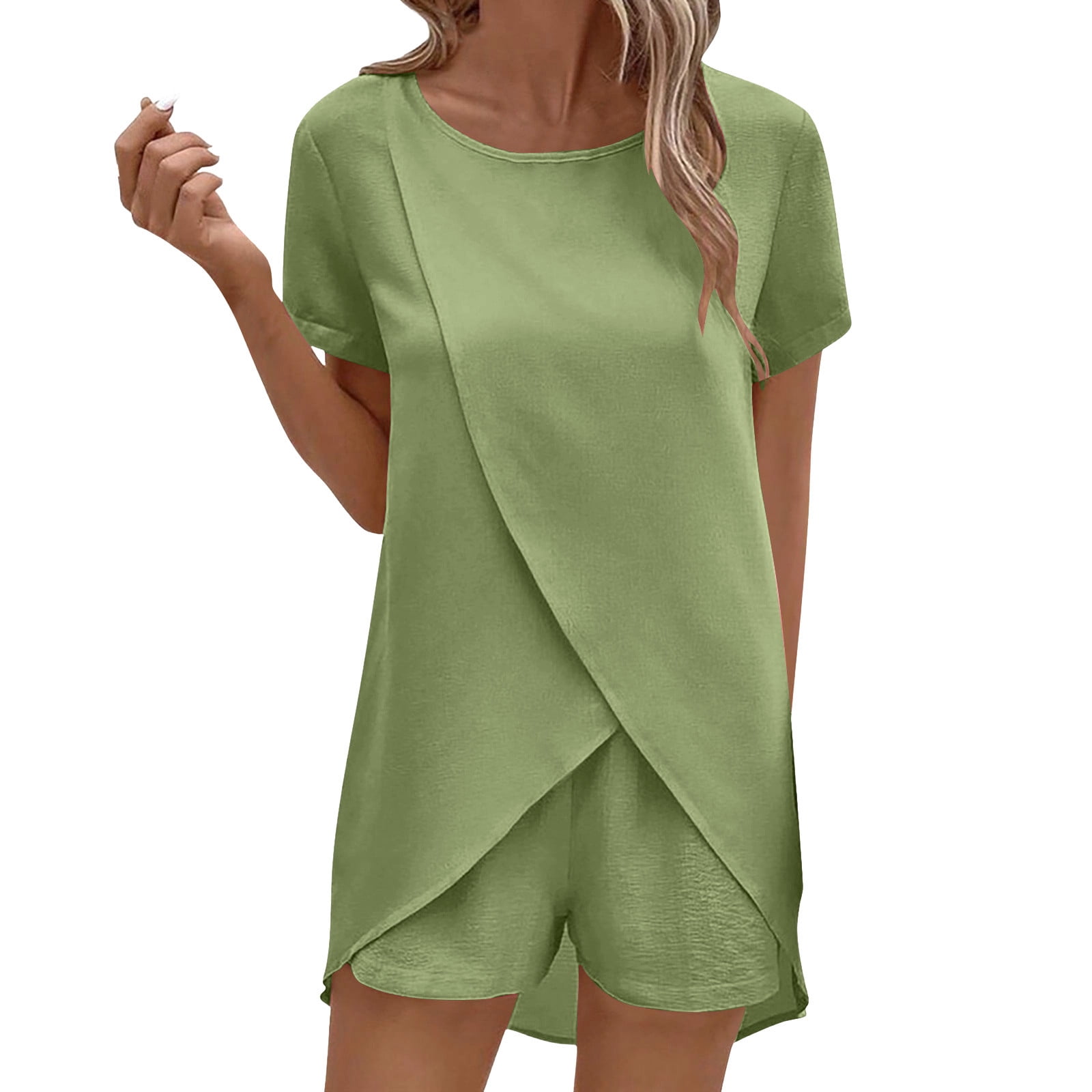 BLCHUNen Womens 2 Piece Outfits Crew Neck Short Sleeve Irregular Hem ...